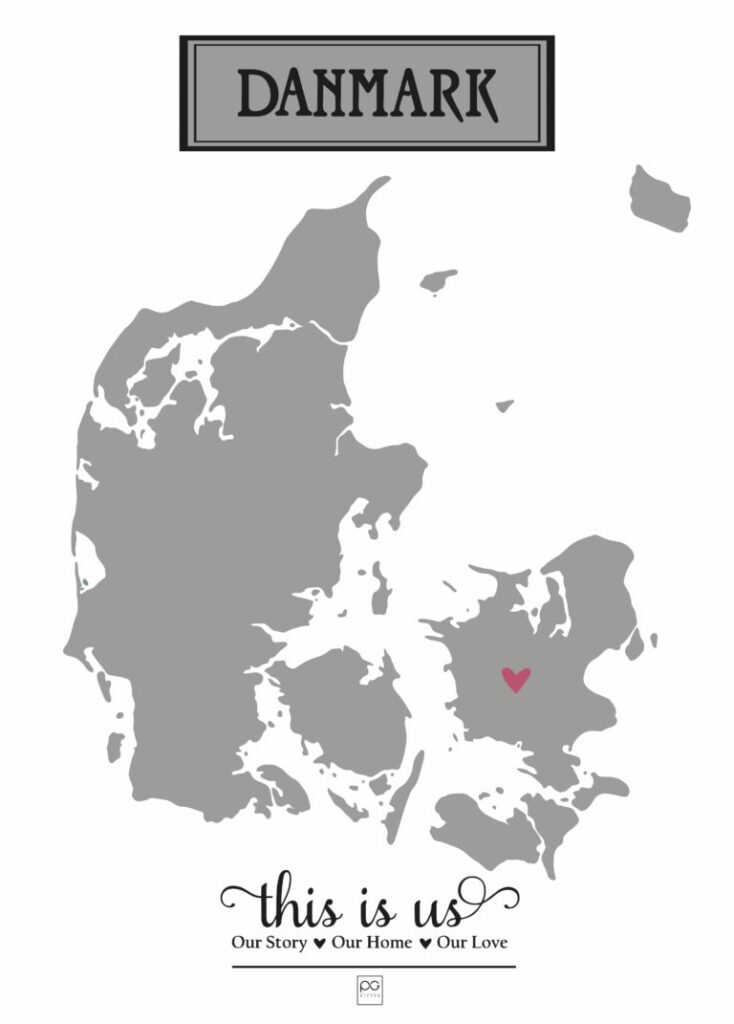 Personligt danmarkskort plakat, grå - Plakatvæggen.dk
